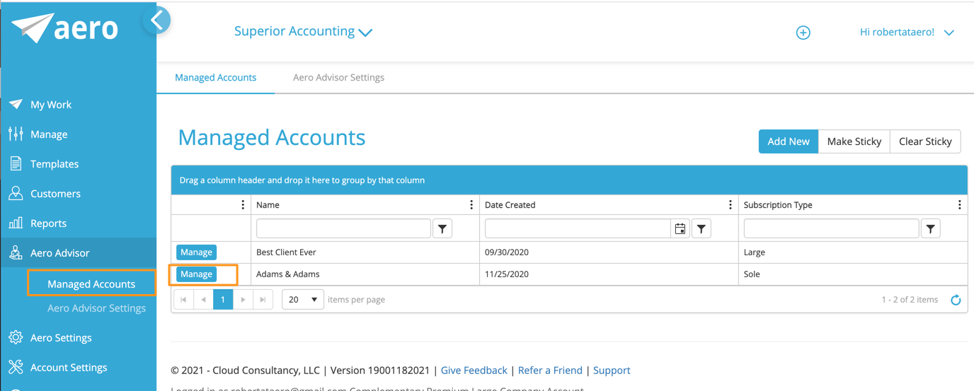Settings for a Managed Account – Aero Knowledge Base